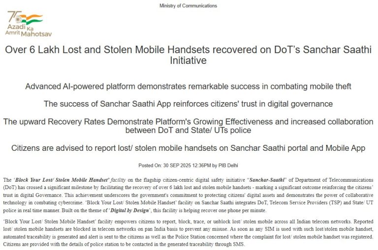 Sanchar Saathi Initiative Helps Recover Over 6 Lakh Lost and Stolen ...